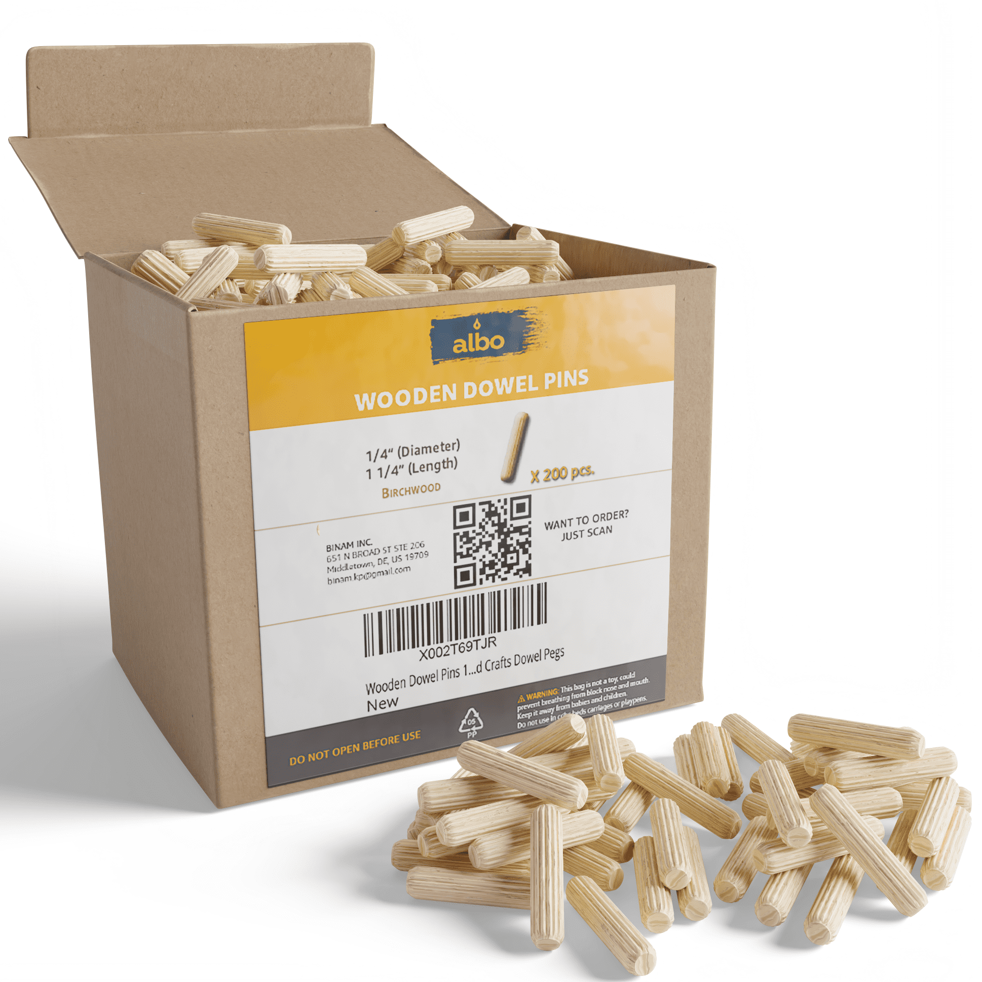 ALBO Wooden Dowel Pins 1/4 x 1-1/4 inch Fluted Wood Dowels Rods 200 ...