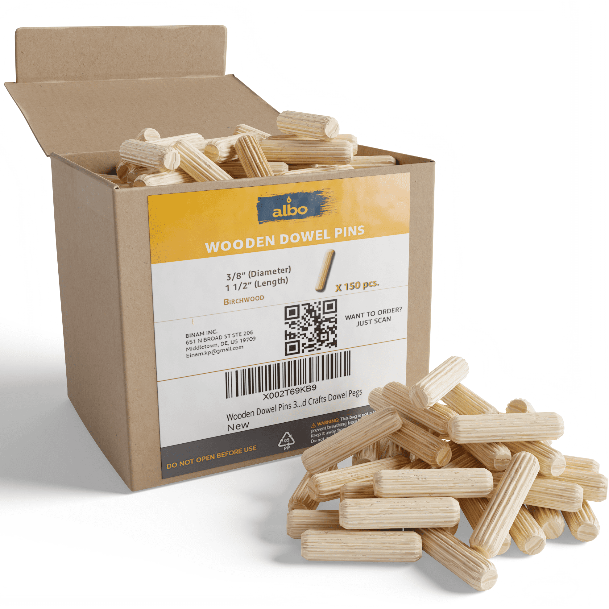 ALBO Wooden Dowel Pins 3/8 x 1 1/2 inch Fluted Wood Dowels Rods 150 ...