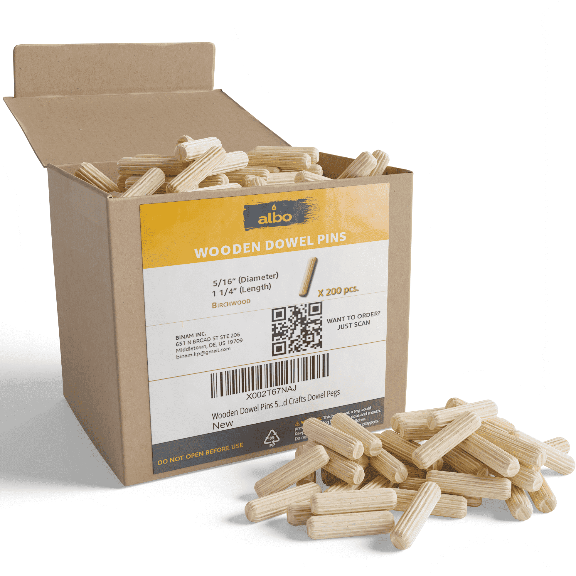 ALBO 5/16 x 1 1/4 inch Fluted Wood Dowels Rods, 200-Piece Pack ...