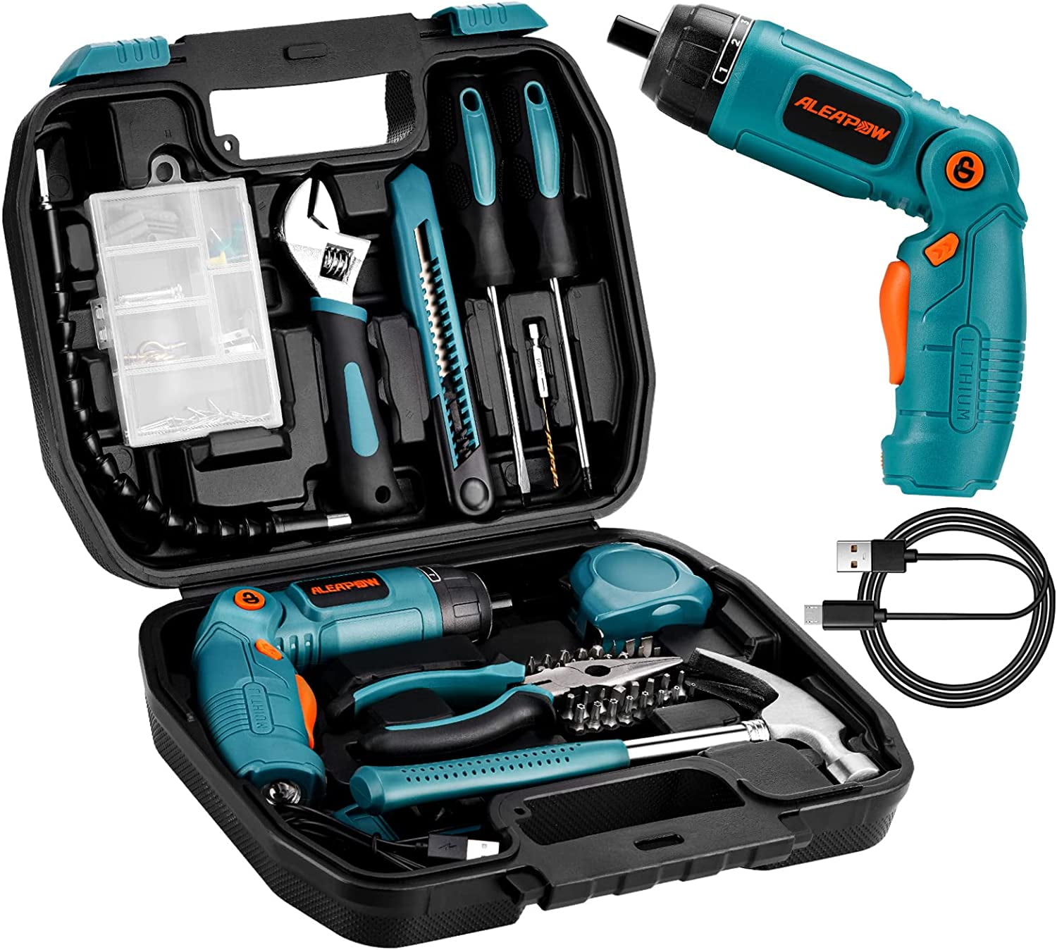 ALEAPOW 124PCS 4V Cordless Screwdriver Tool Kit Set, 6+1 Torque Setting ...