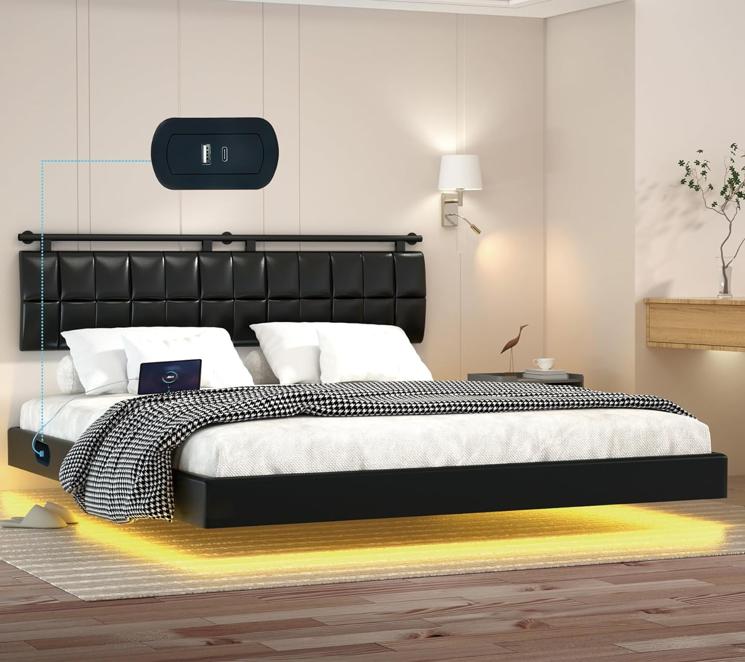 ALEAVIC Floating King Size Bed Frame Metal Platform Bed with LED Light ...