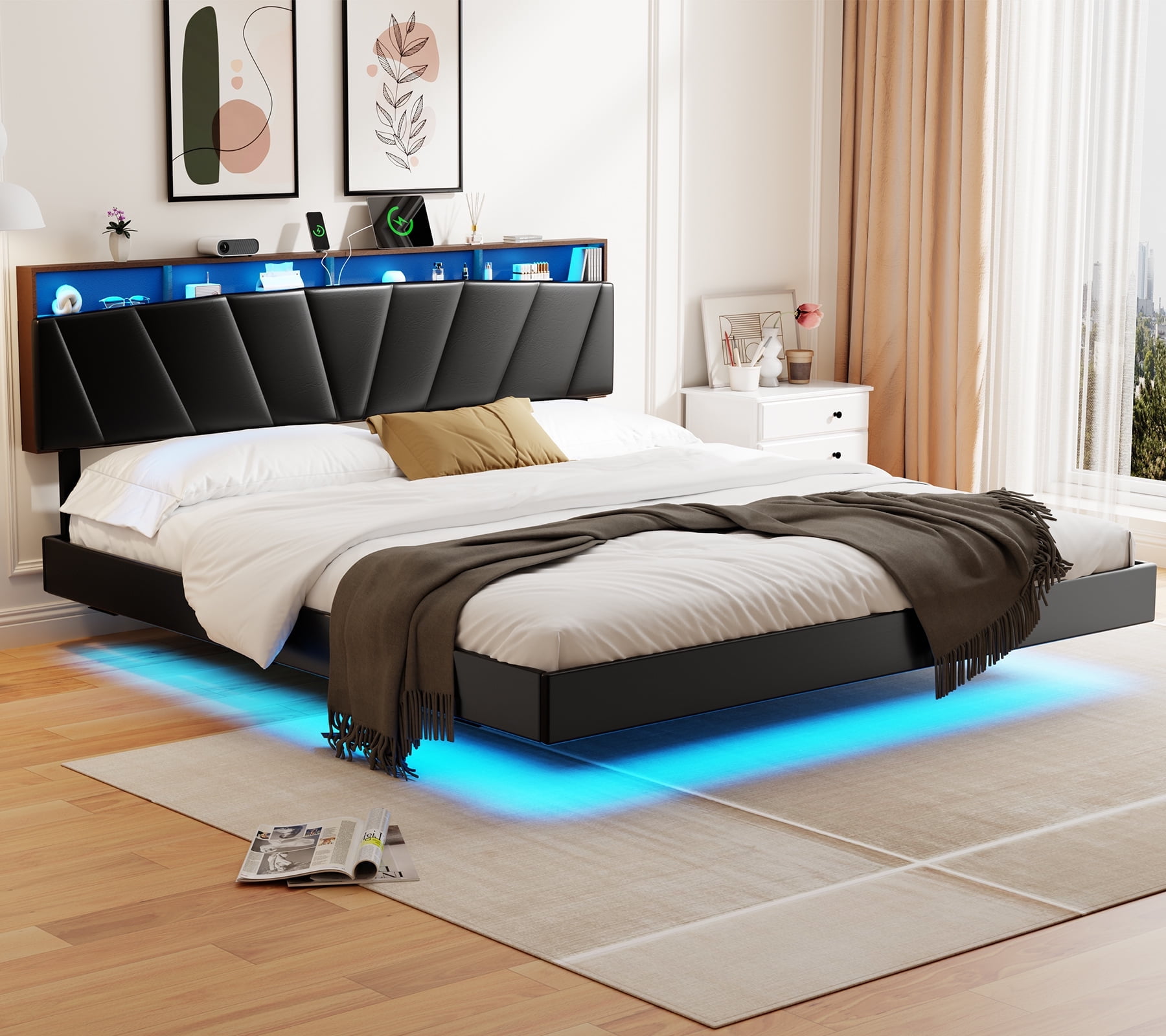 ALEAVIC King Size Bed Frame with Storage Headboard, Floating Metal ...