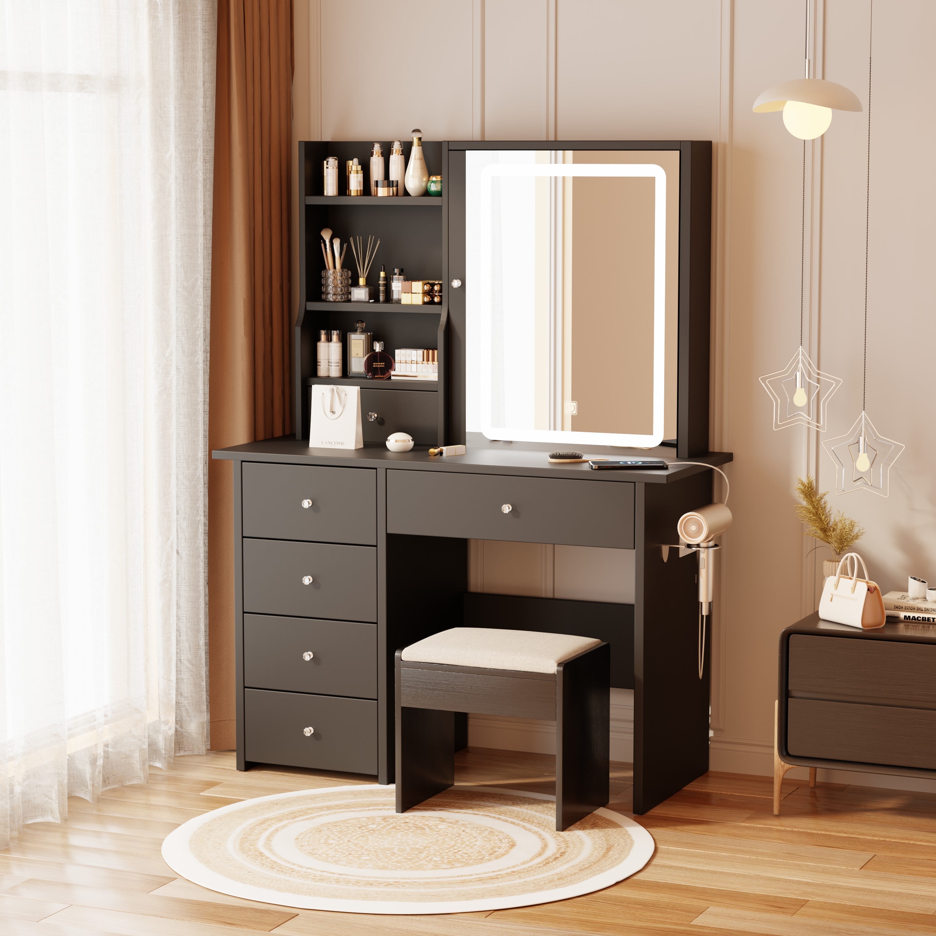 ALEAVIC Makeup Vanity Table Set, Makeup Desk with LED Light, Hair Dryer ...