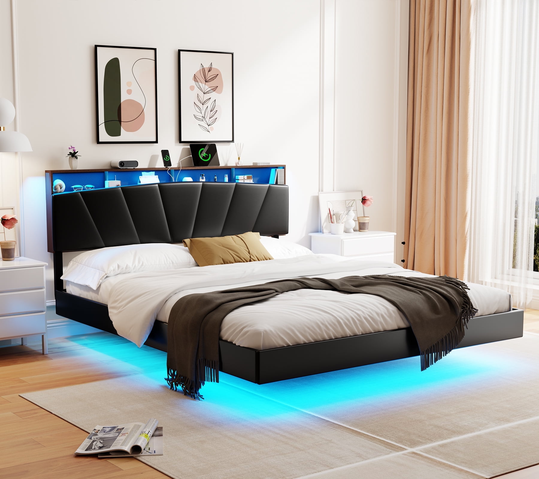 ALEAVIC Queen Floating Bed Frame, Storage Leather Headboard, USB ...