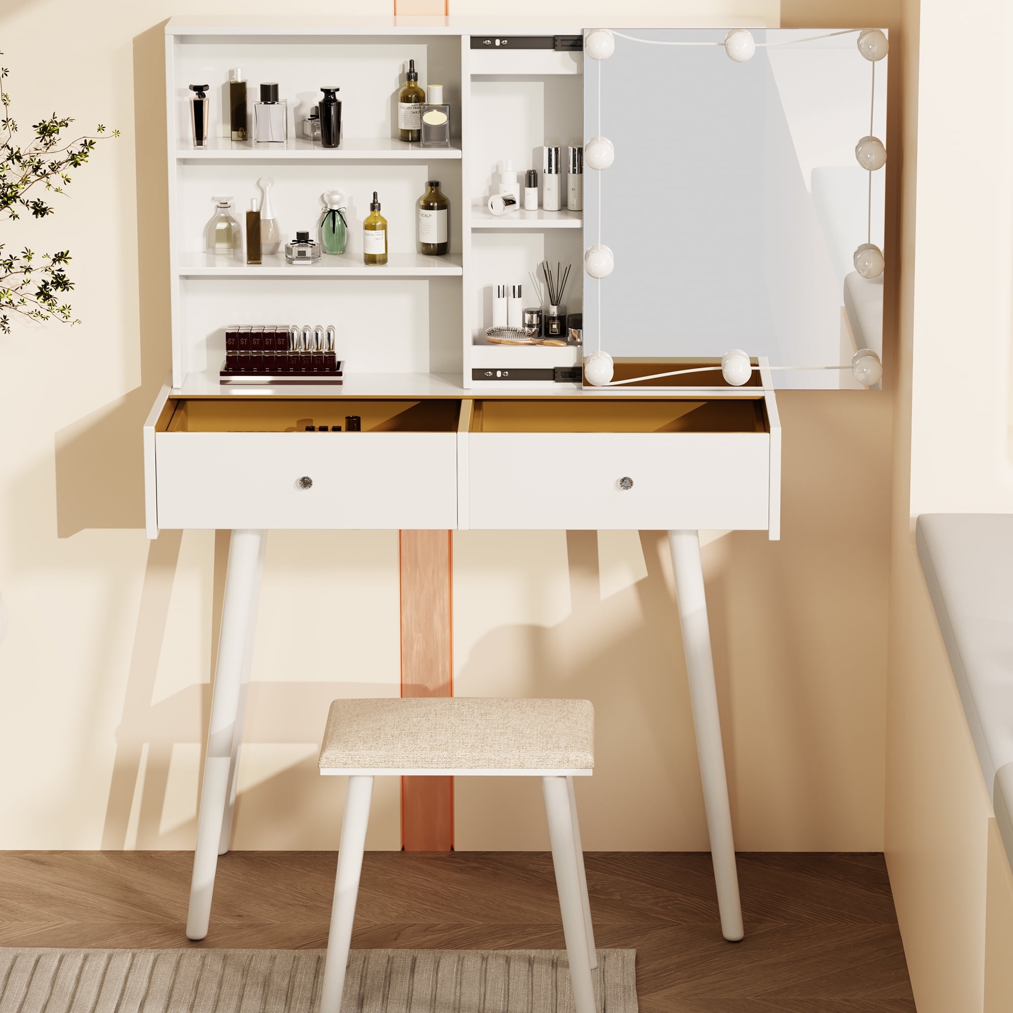 ALEAVIC White Makeup Vanity Set with Mirror and LED Lights, Glass Top ...