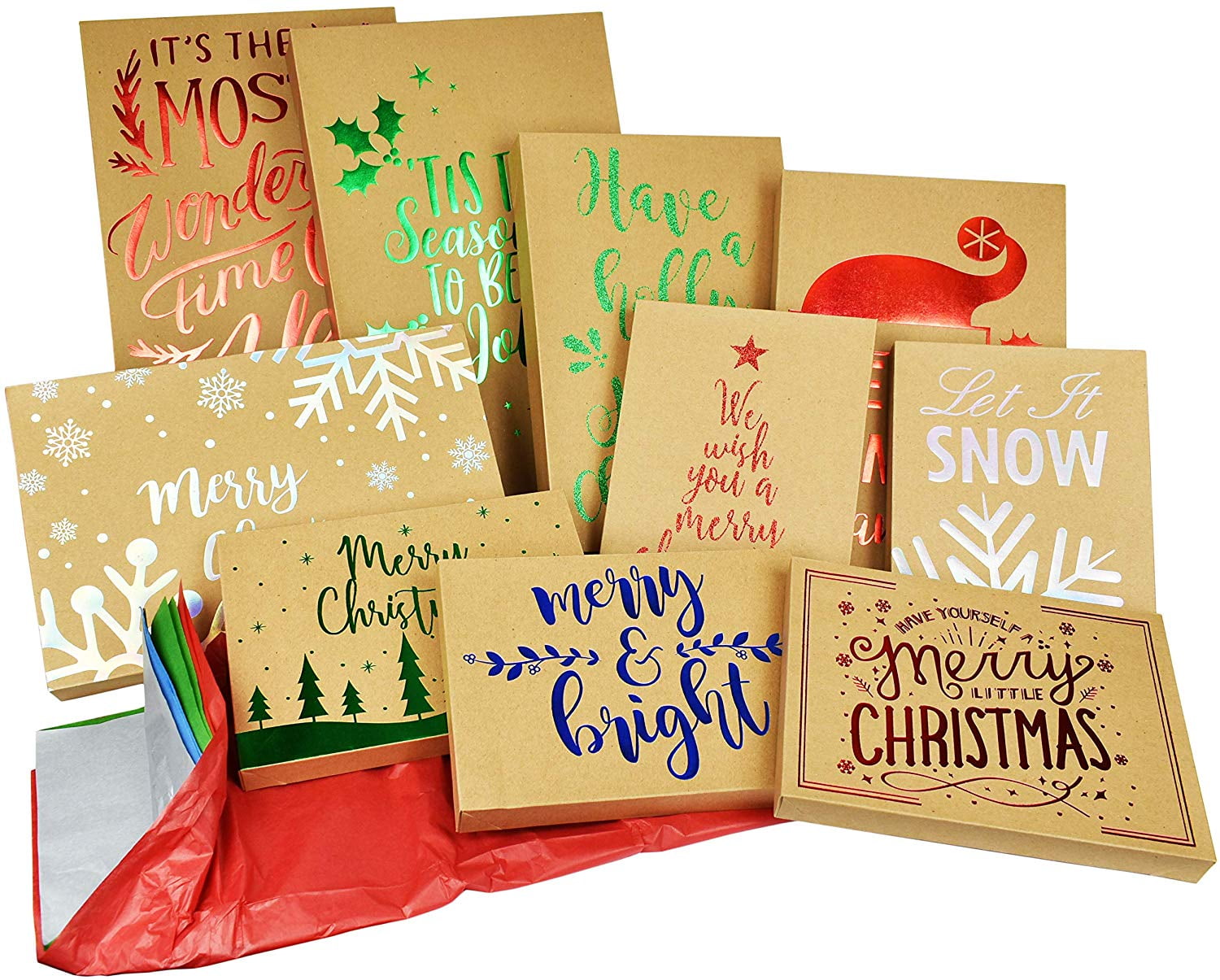 ALEF Assorted Christmas Kraft Gift Boxes & Tissue Paper Bundle - 1 Pack ...
