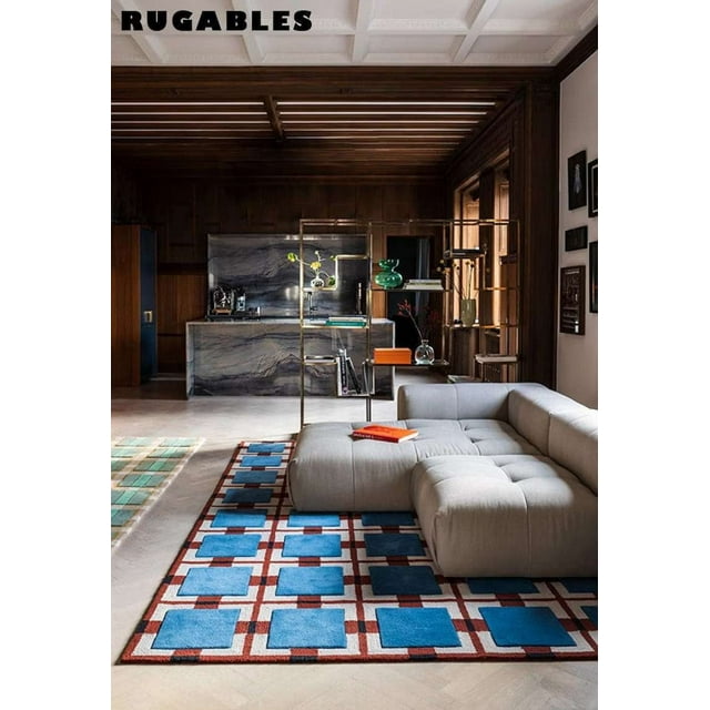 ALEF HOME Geometric Rug, Nonslip Art Deco Tufted Multicolor Blue Grid ...
