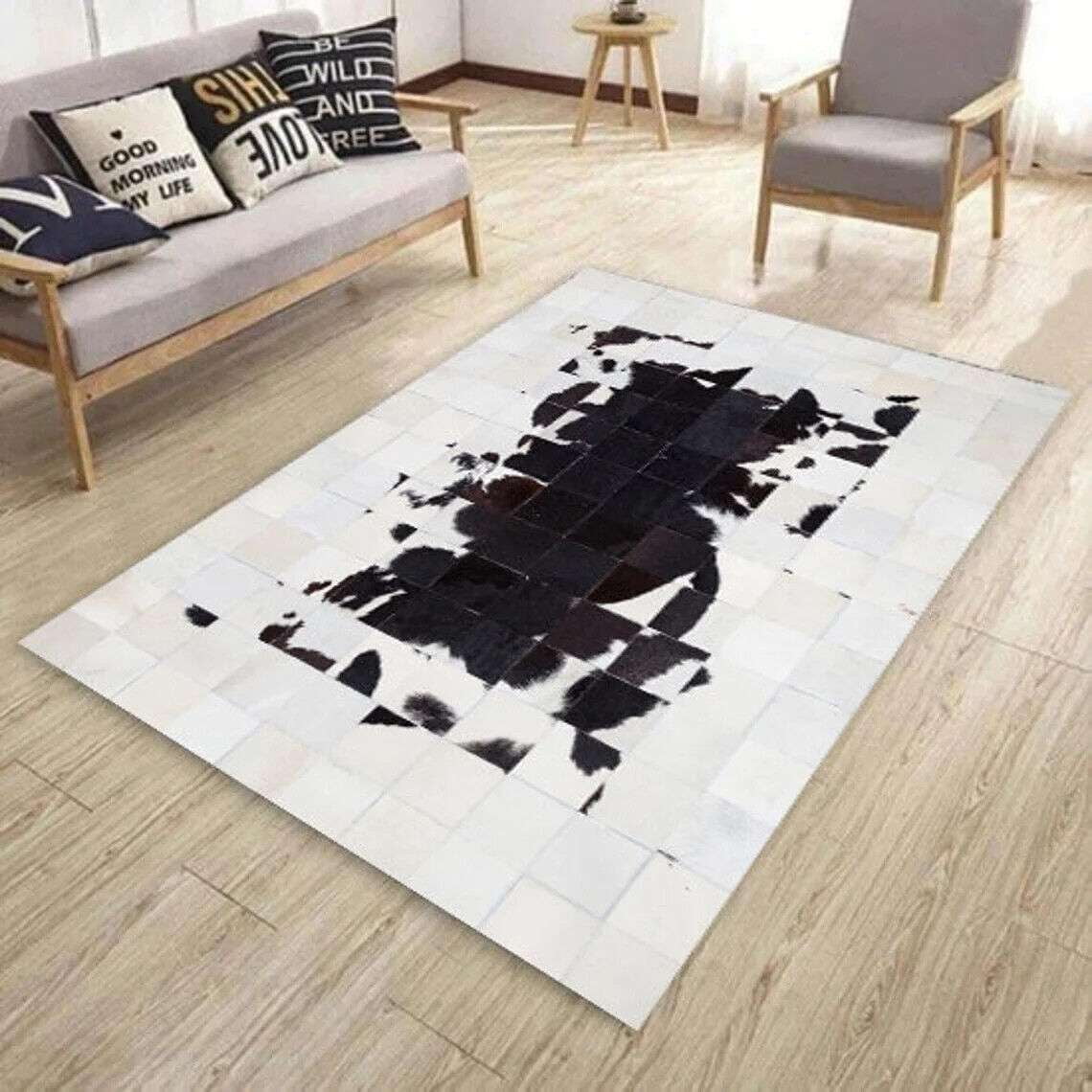ALEF HOMEPatchwork Faux Cowhide Area Rug | Black and White Geometric Leather Carpet for Bedroom ...