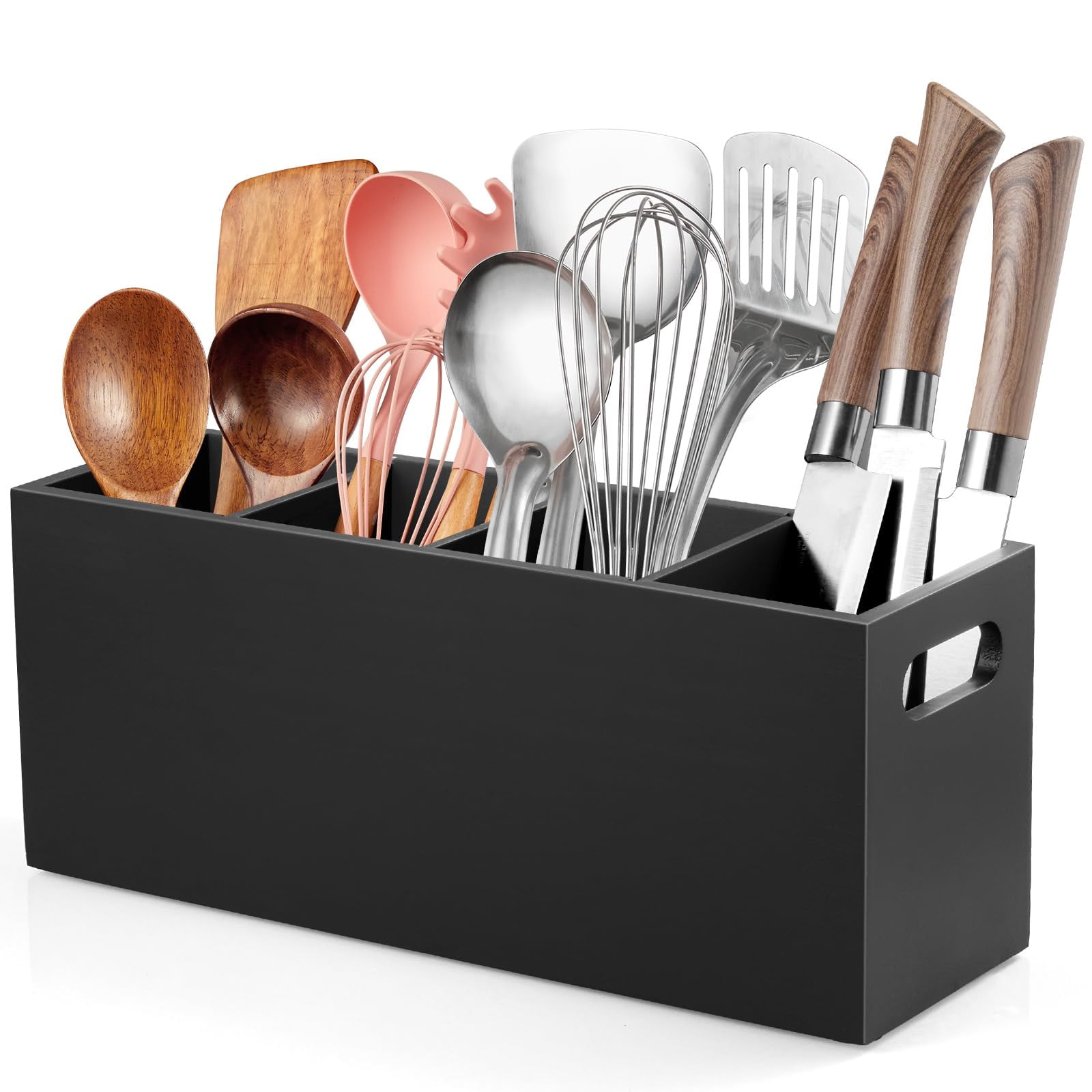 ALELION Large Utensil Holder with Removable Divider - 4 Compartment ...