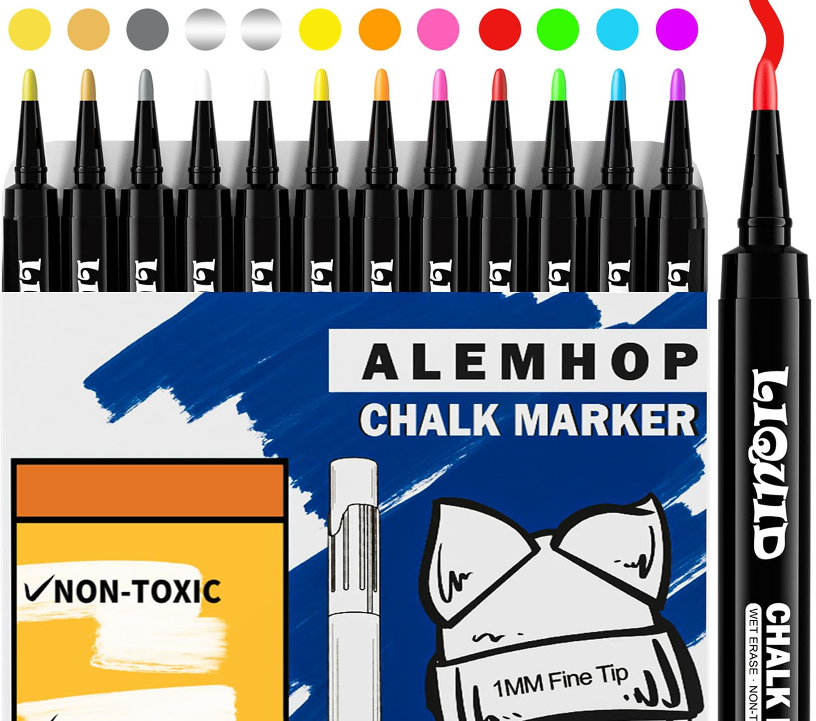 ALEMHOP Chalk Markers - 12 Vibrant, Erasable, Fine Tip, Includes 3 ...