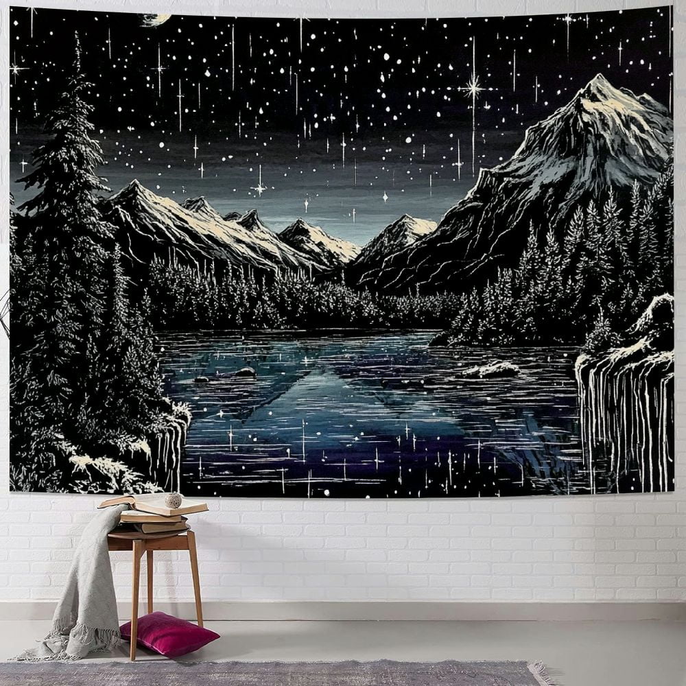 ALEPADNF Black and White Tapestry Starry Night Mountain Tapestries for ...