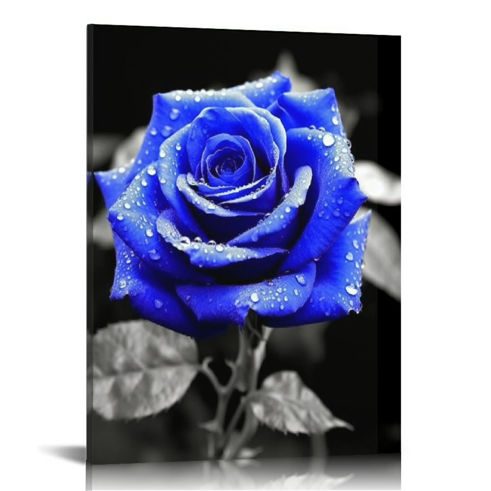 ALEPADNF Blue Rose Canvas Wall Art Black and White Flowers Painting ...