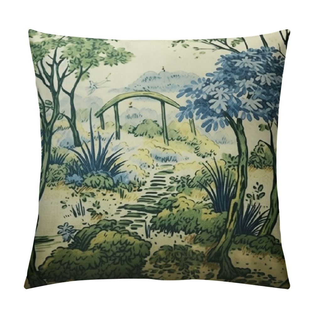ALEPADNF Chinoiserie Pillow Cover Asian Scenic Blue and Green Throw ...