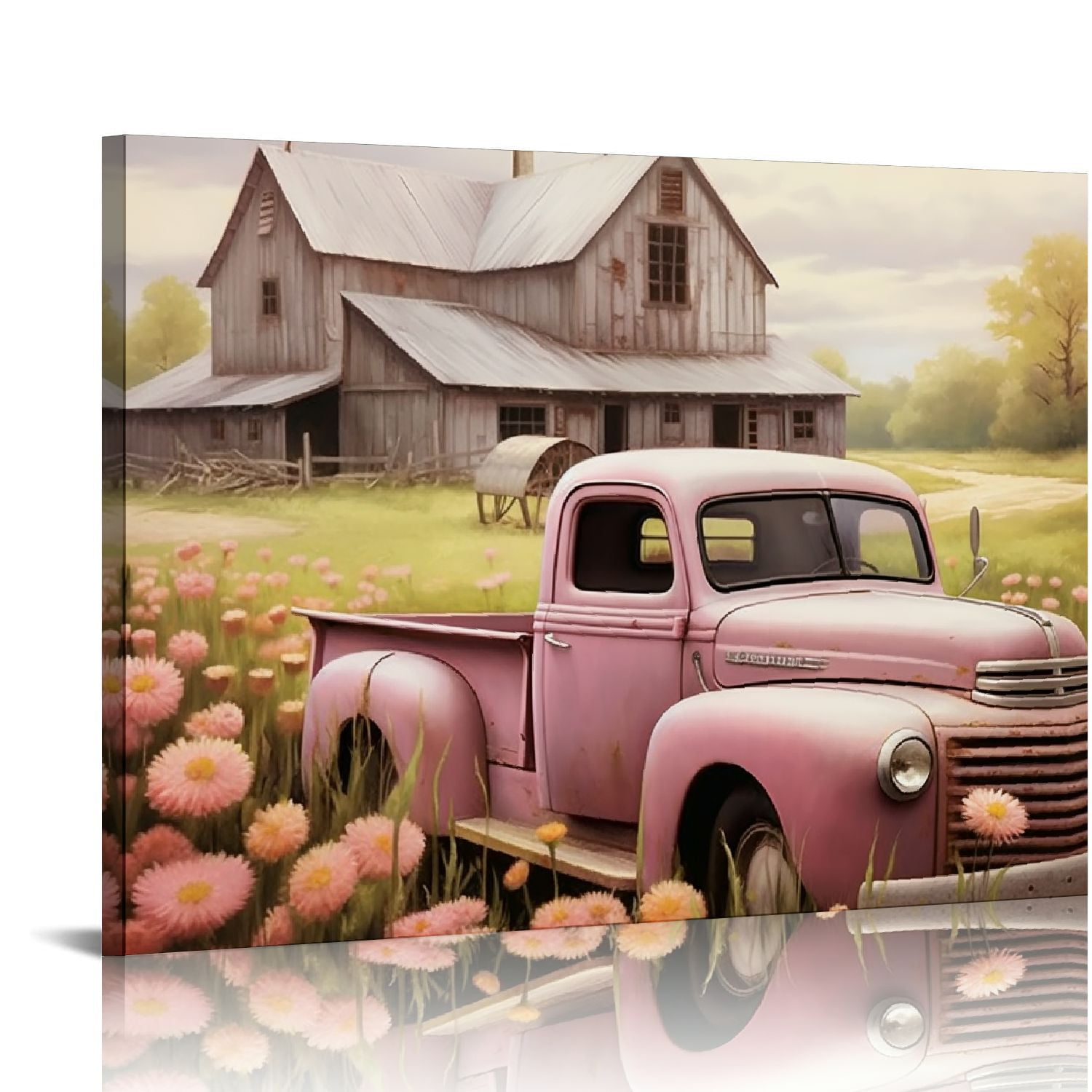 ALEPADNF Farmhouse Truck Canvas Wall Art Barn Flower Paintings Old Car ...
