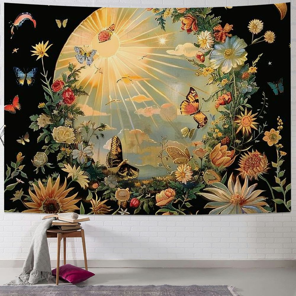 ALEPADNF Floral Plants Tapestry Sun and Moon Tapestry Retro Botanical ...