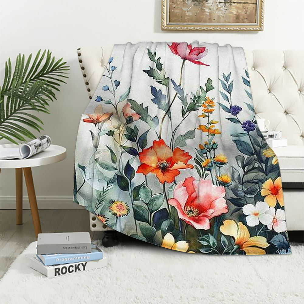 ALEPADNF Flowers Plants Watercolor Painting Print Flannel Throw Blanket ...