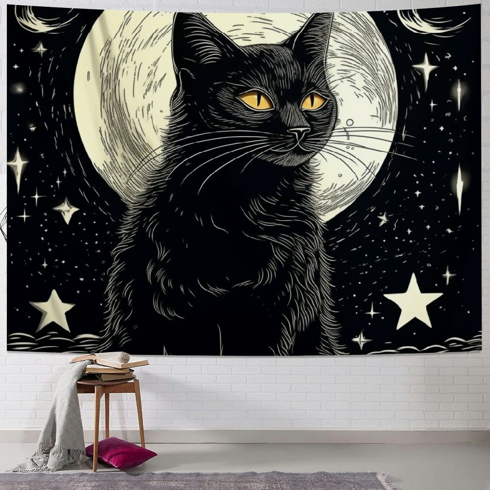 ALEPADNF Gothic Cat Vertical Tapestry, Cat Cool Tapestry for Men, Moon ...