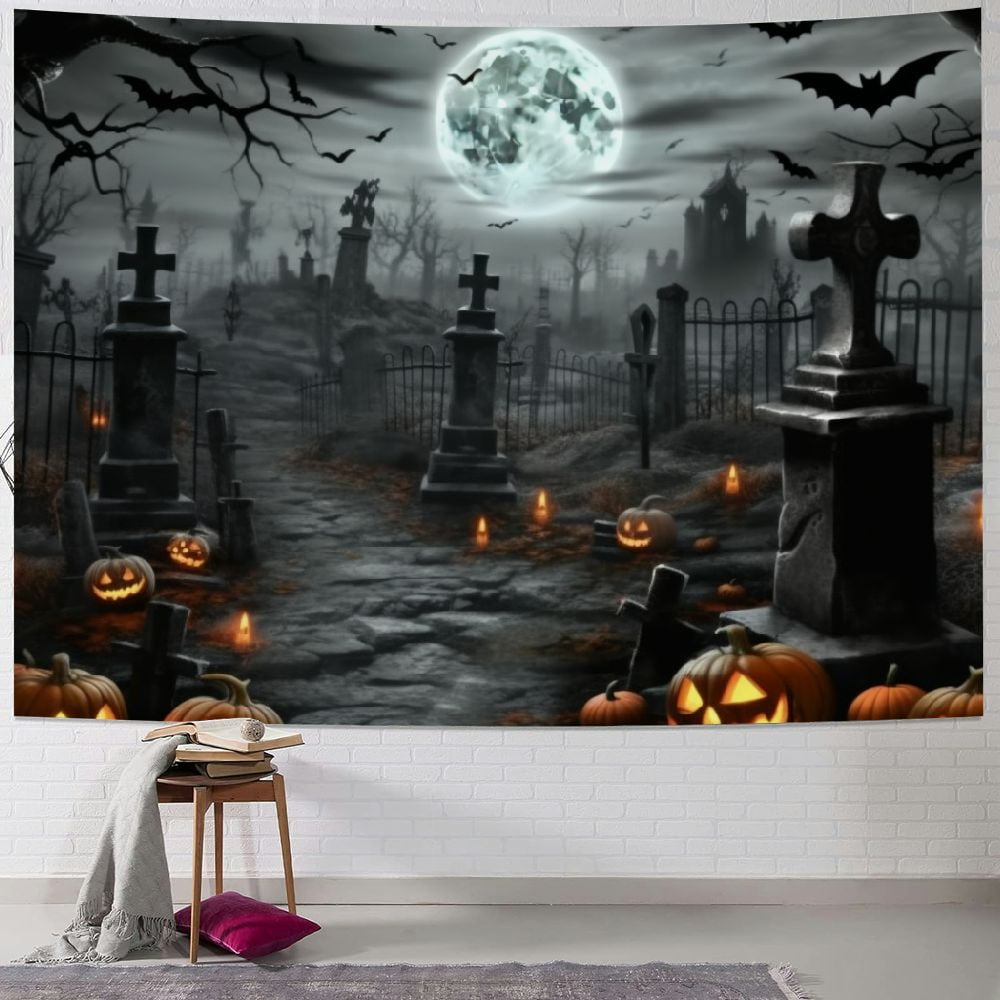 ALEPADNF Gray Halloween Tapestry Wall Hanging Spooky Flying Witch Tree ...
