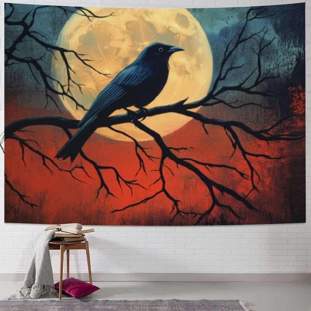 ALEPADNF Halloween Crow Tapestry Gothic Tapestry Horror Blood Moon Crow ...