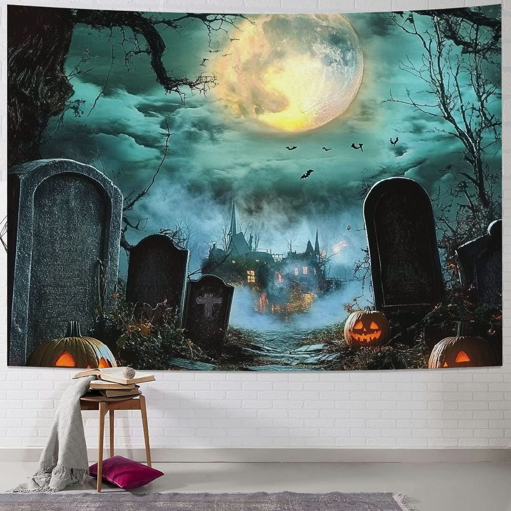 ALEPADNF Halloween Tapestry Horror Cemetery Tombstone Night Sky Full ...