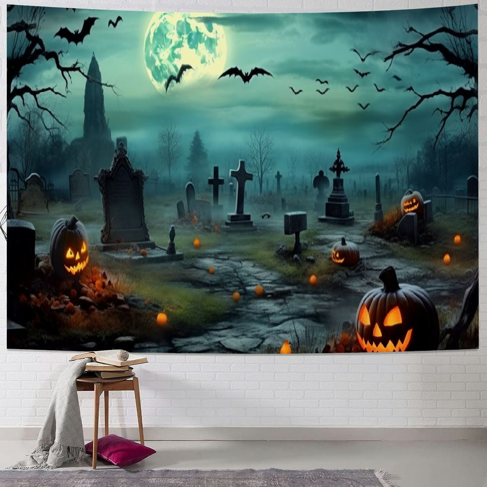 ALEPADNF Halloween Tapestry Wall Hanging Crow Bat and Pumpkin in Scary ...
