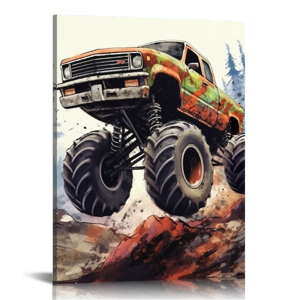 ALEPADNF Monster Truck Canvas Wall Art Posters,Watercolor Monster Truck ...