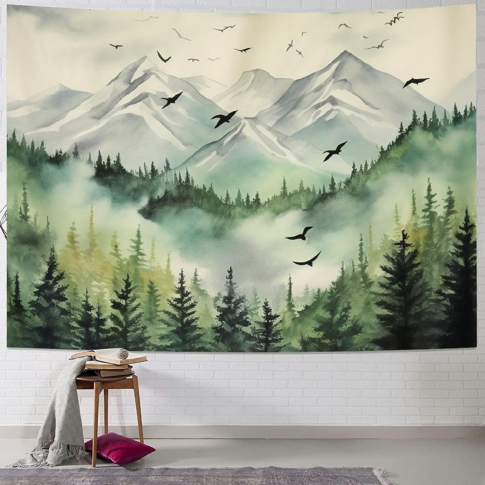 ALEPADNF Mountain Forest Tapestry, Misty Foggy Sage Green Tree ...