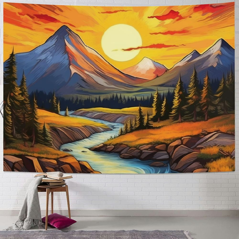 ALEPADNF Mountain Sun Wall Hanging tapestry, Forest Trees River Vintage ...