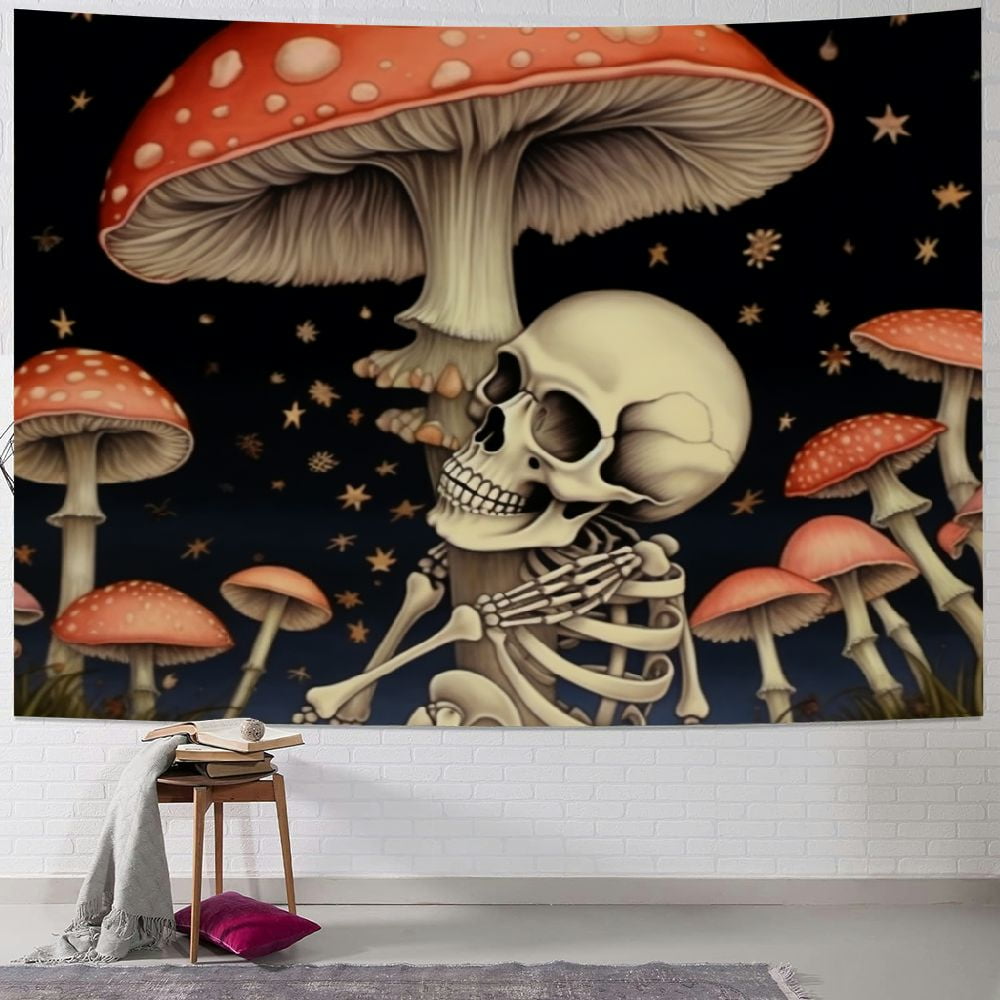 ALEPADNF Mushroom Skull Tapestry Skeleton Floral Plant Flower ...