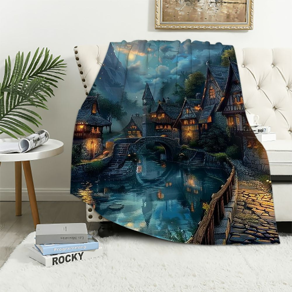 ALEPADNF Night Village River Print Blanket for All Seasons Excellent ...