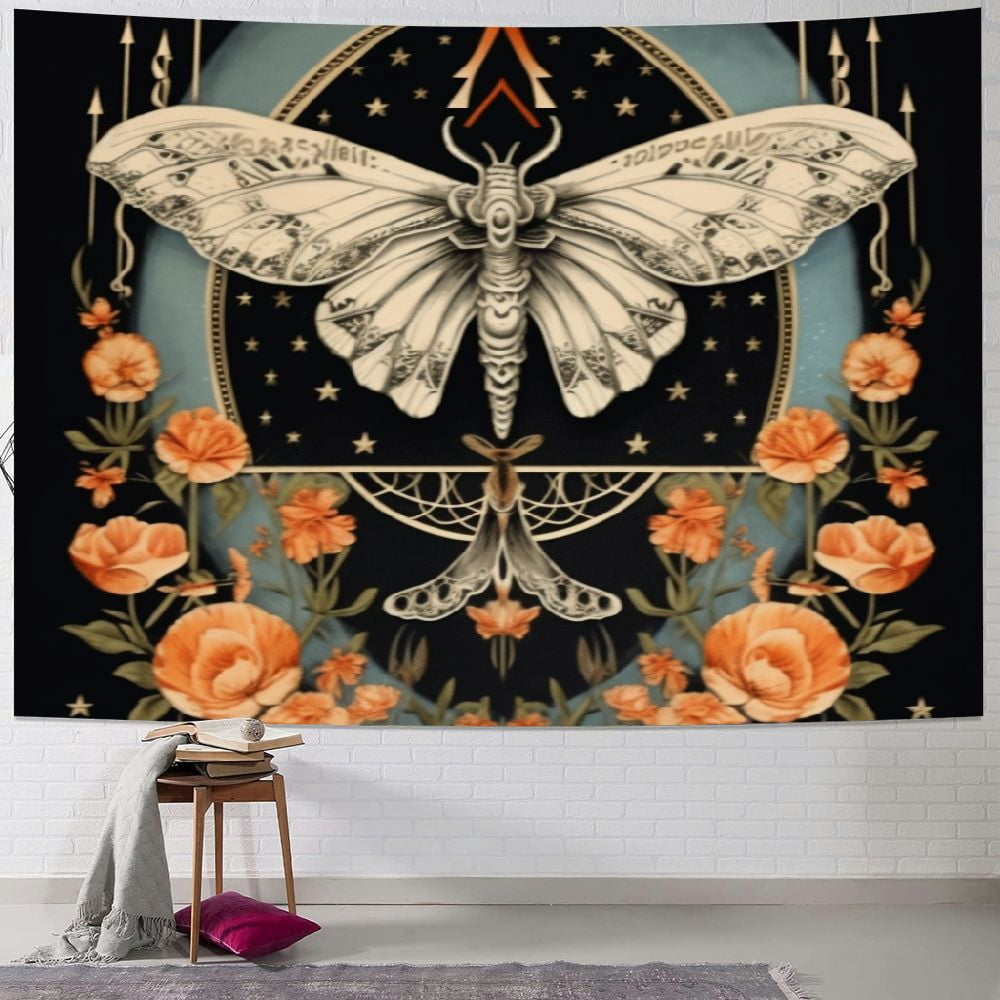 ALEPADNF Orange Moth Tapestry Boho Retro Floral Flowers Tapestries ...