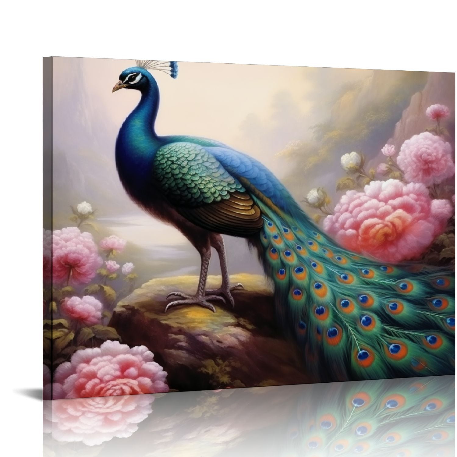 ALEPADNF Peacock Canvas Wall Art Pink Peony Painting Print Beautiful ...