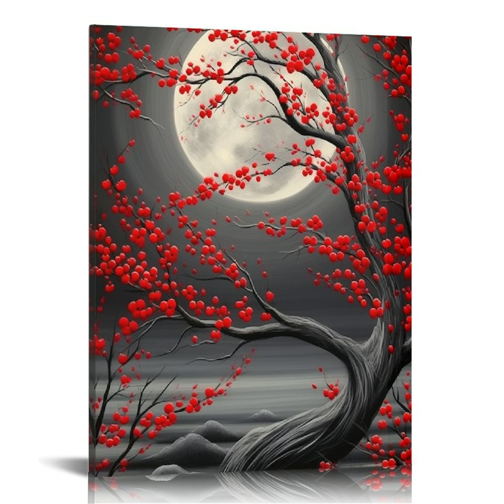 ALEPADNF Red Flower Tree Wall Art for Bedroom Cherry Blossom Tree in ...