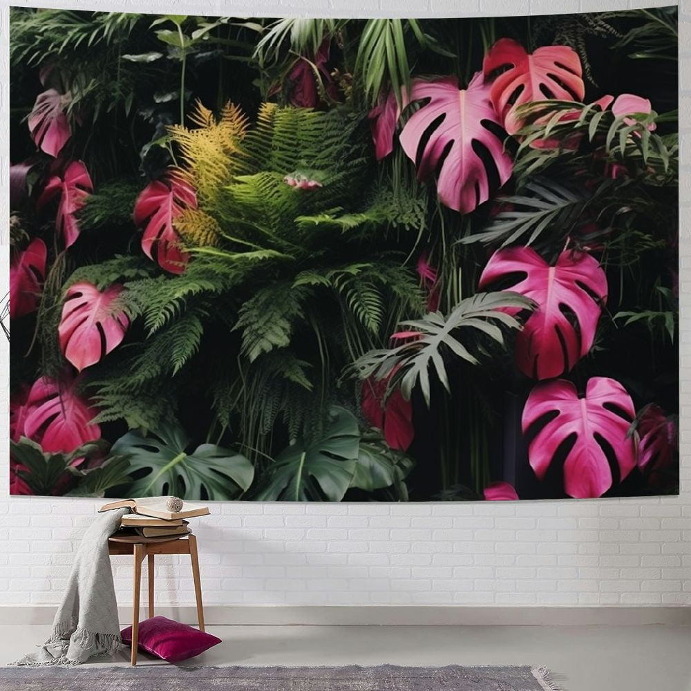 ALEPADNF Tropical Leaves Tapestry Wall Hanging Pink and Green Leaves ...