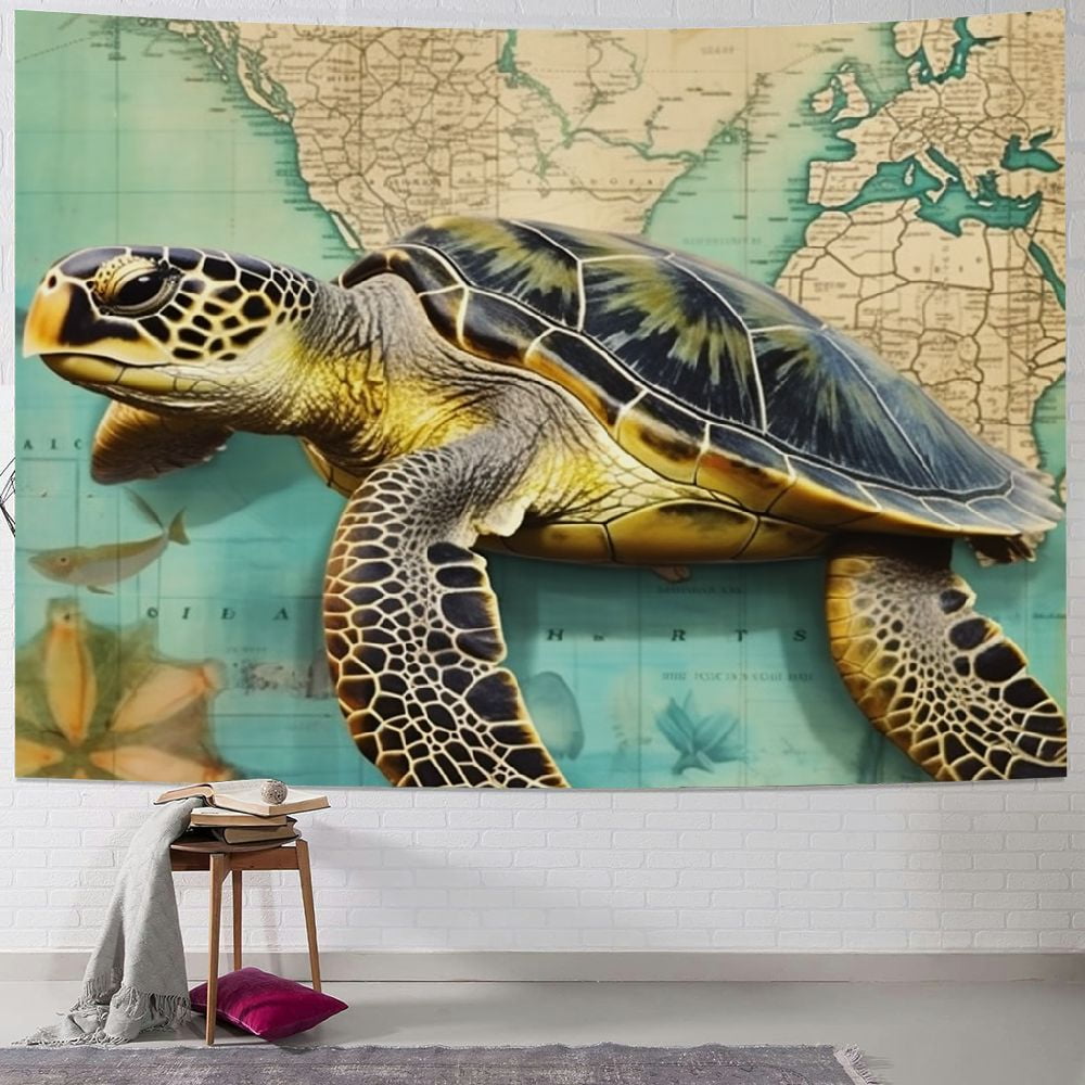 ALEPADNF Vintage Ocean Turtle Tapestry, Blue Green Sea Map Wall Hanging ...