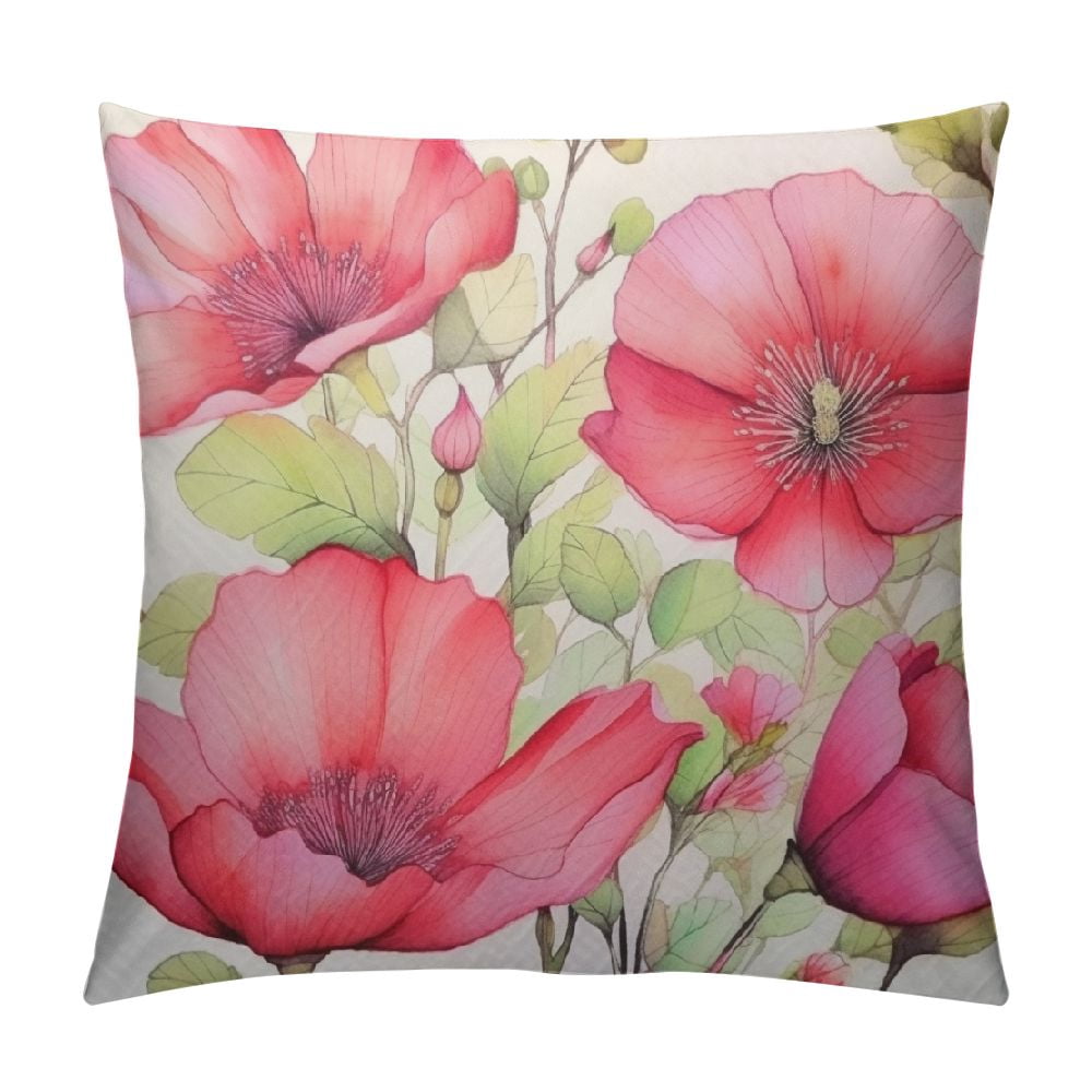 ALEPADNF Watercolor Poppy Flower Pillow Covers - Pink Floral Throw ...