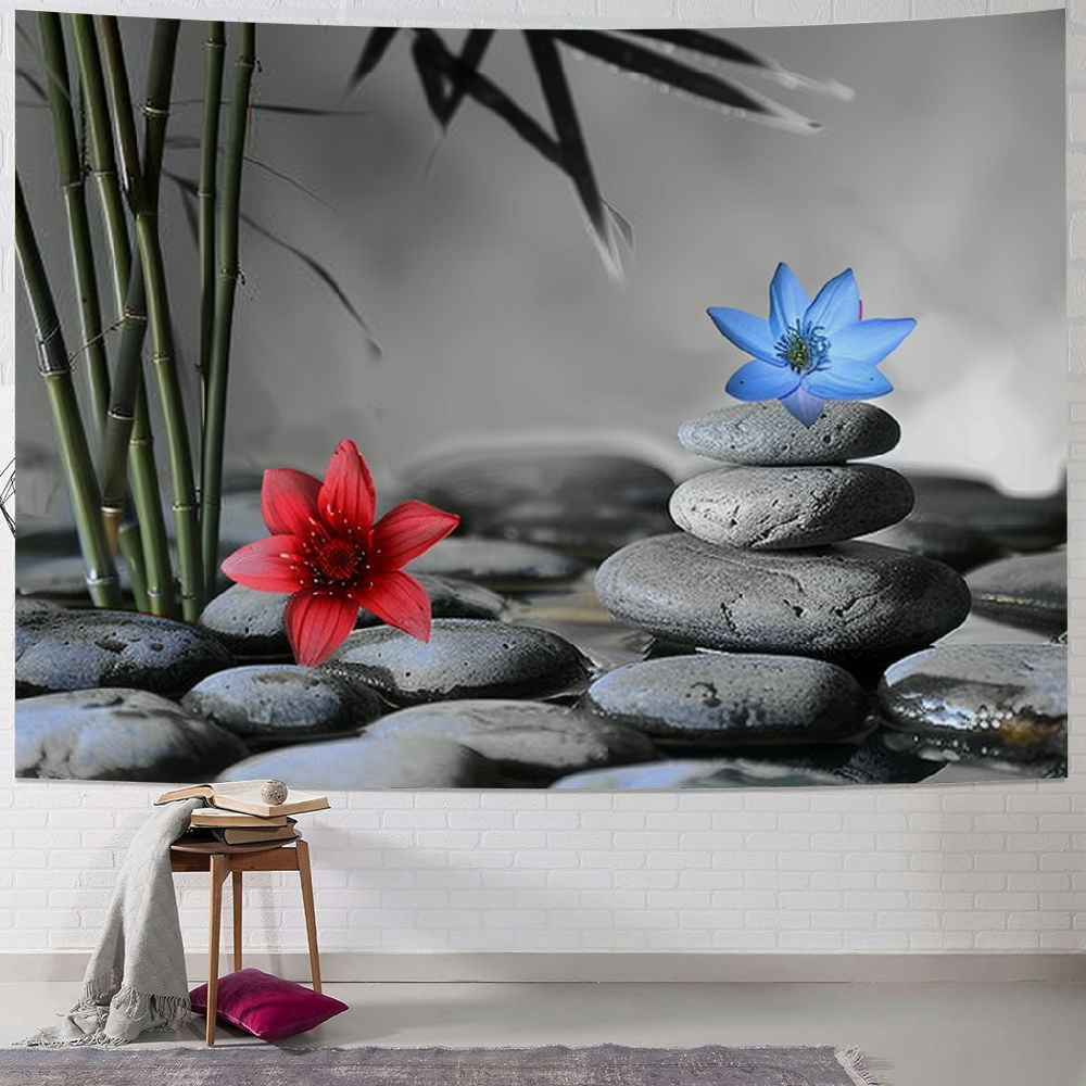 ALEPADNF Zen Stone Wall Tapestry Blue Floral with Grey Bamboos Water ...