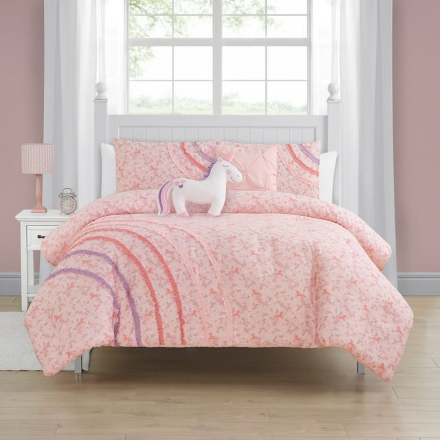 ALEX + BELLA Comforter Set PinkRainbow Ruffle Microfiber,Twin, 4 Piece - Walmart.com