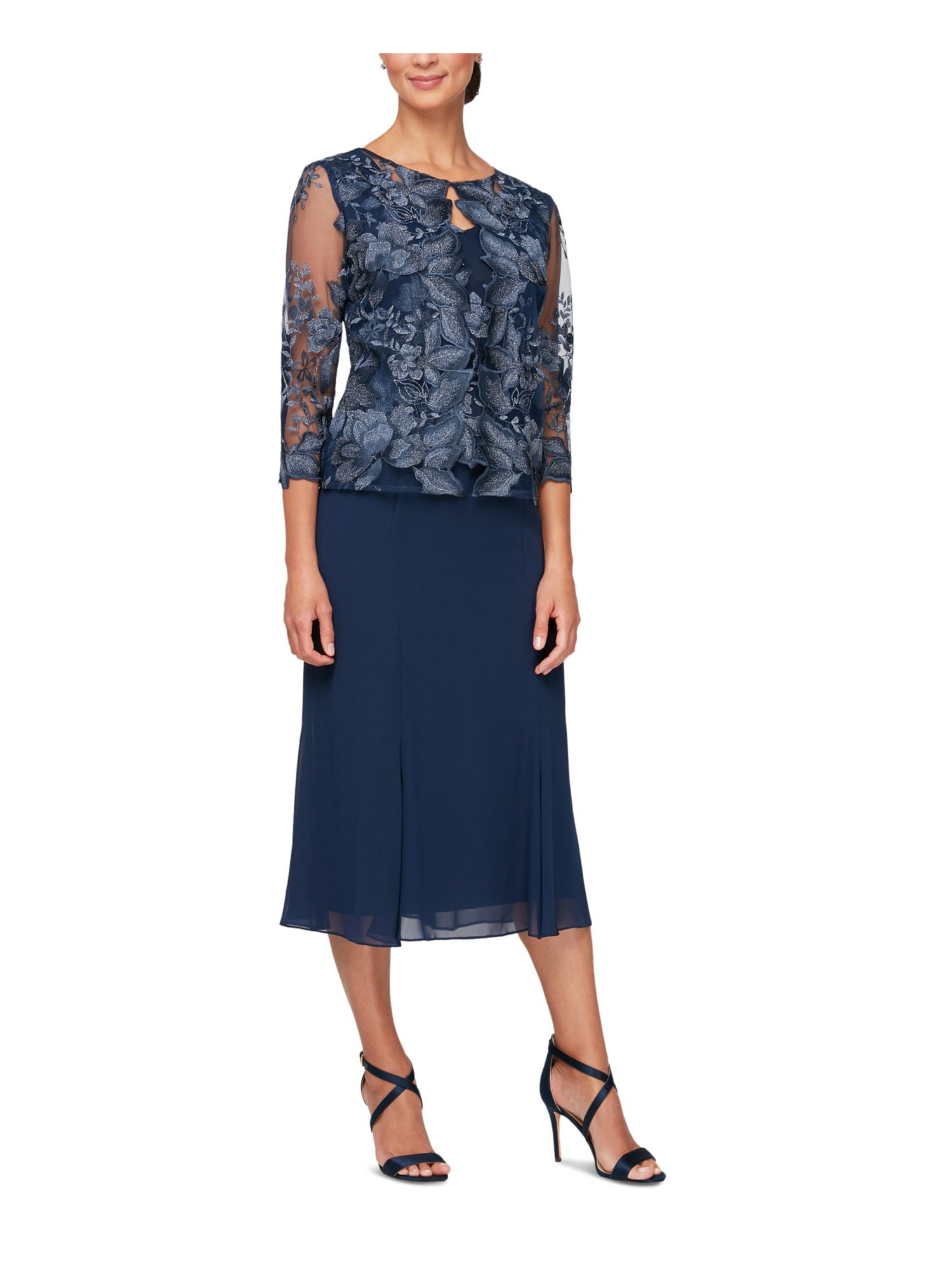 ALEX EVENINGS Womens Navy Zippered Sheer Attached Jacket Lined 3/4 ...