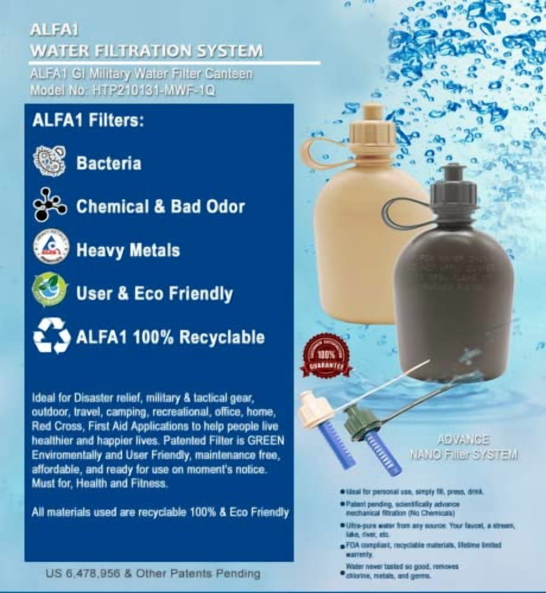 ALFA1 OD GI Military Water Filter Canteen w/Cap, Filter, & Body$$Sport ...