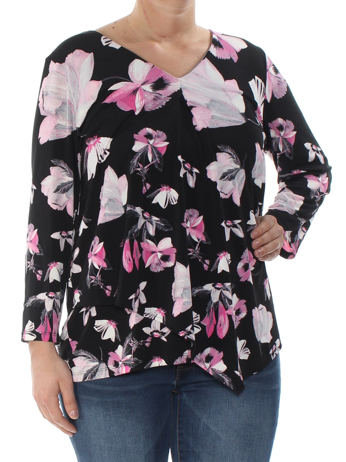 ALFANI $69 Womens New 1252 Black Floral Draped Overlay Top L B+B ...