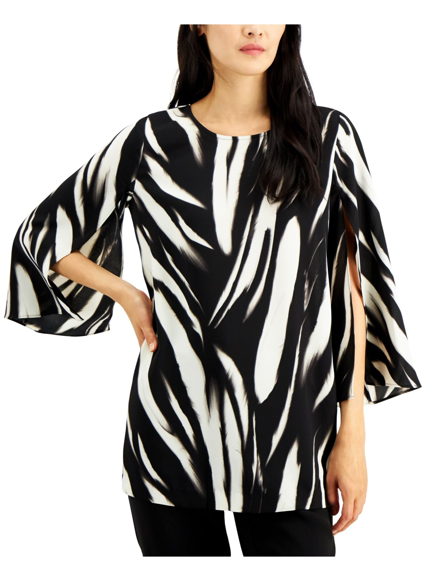 ALFANI Womens Black Animal Print Bell Sleeve Jewel Neck Tunic Wear To ...