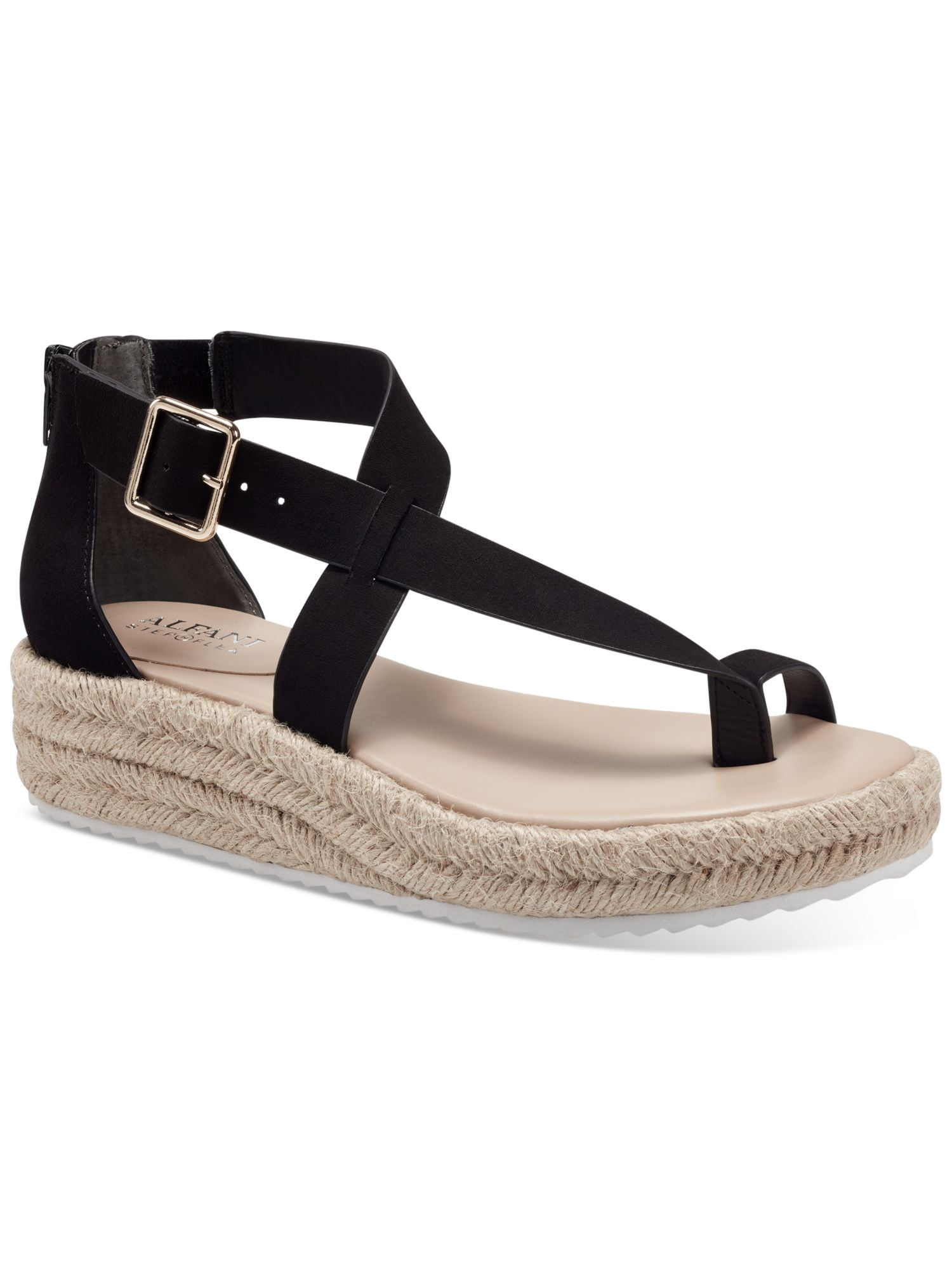 ALFANI Womens Black Asymmetrical Buckle Accent Moira Round Toe Wedge ...