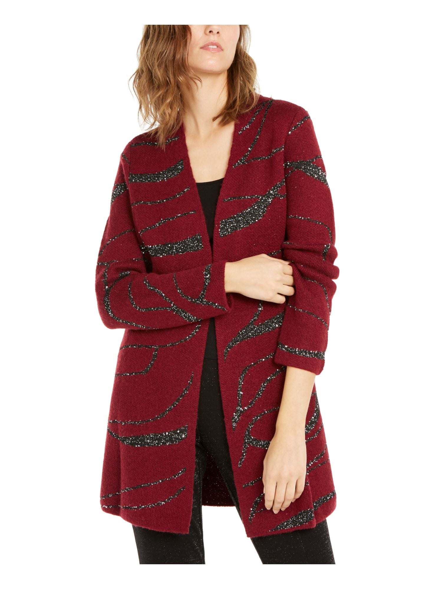 ALFANI Womens Burgundy Sequined Collarless Long Sleeve Open Cardigan ...