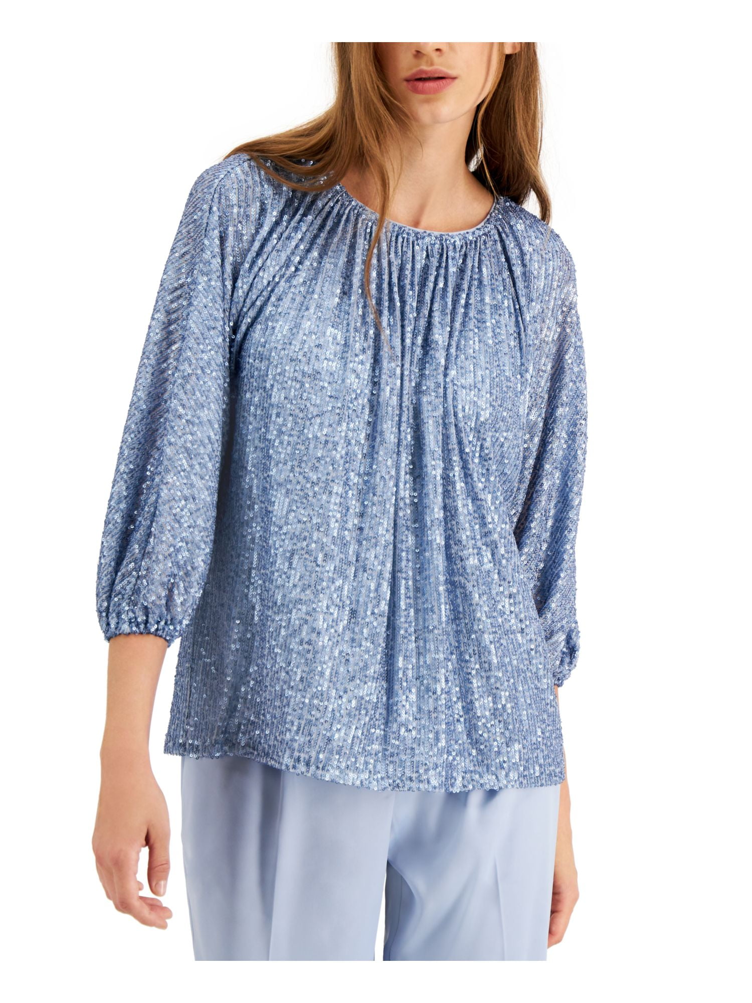 ALFANI Womens Light Blue Sequined Ruched 3/4 Sleeve Scoop Neck Peasant ...