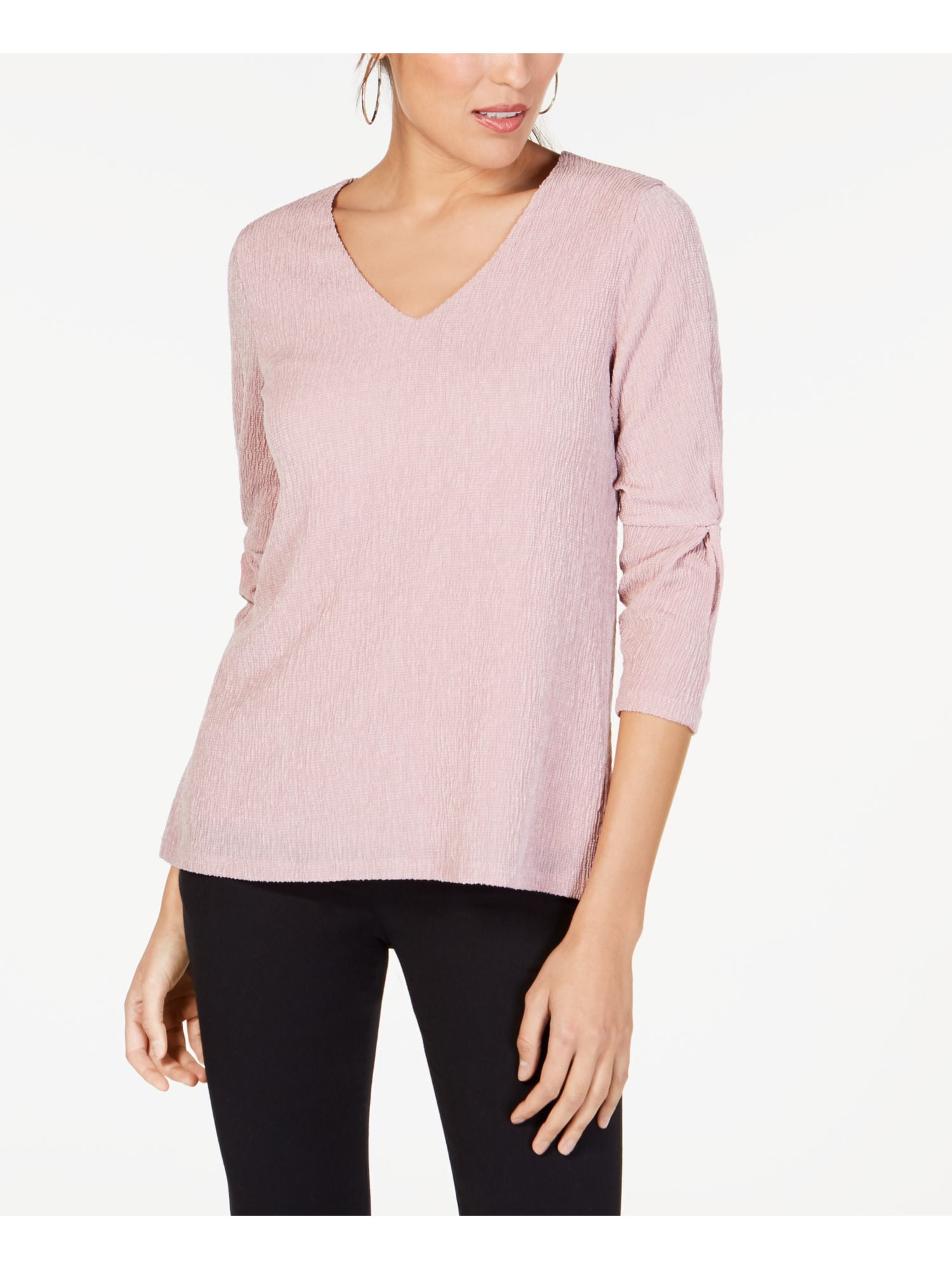 Alfani Womens Pink Textured Twist Sleeve 3 4 Sleeve V Neck Top L