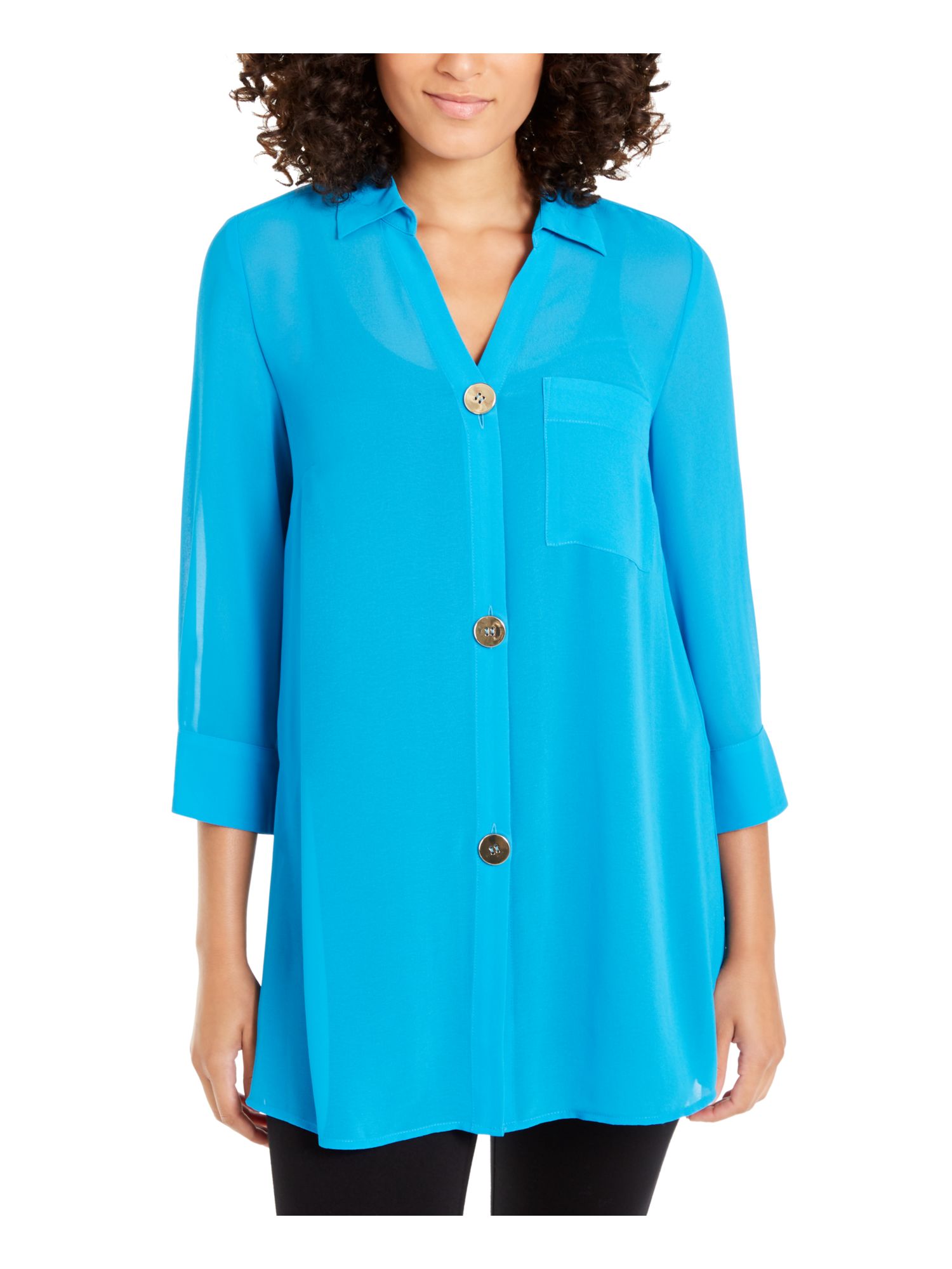 ALFANI Womens Turquoise Pocketed Chiffon, Fold Collar 3/4 Sleeve ...