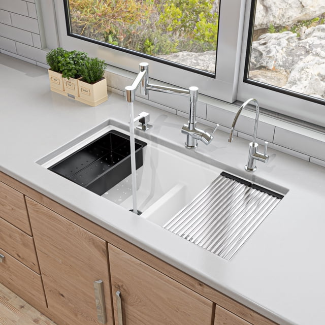 ALFI brand AB3418DBUM-W White 33" Granite Composite Workstation Step ...