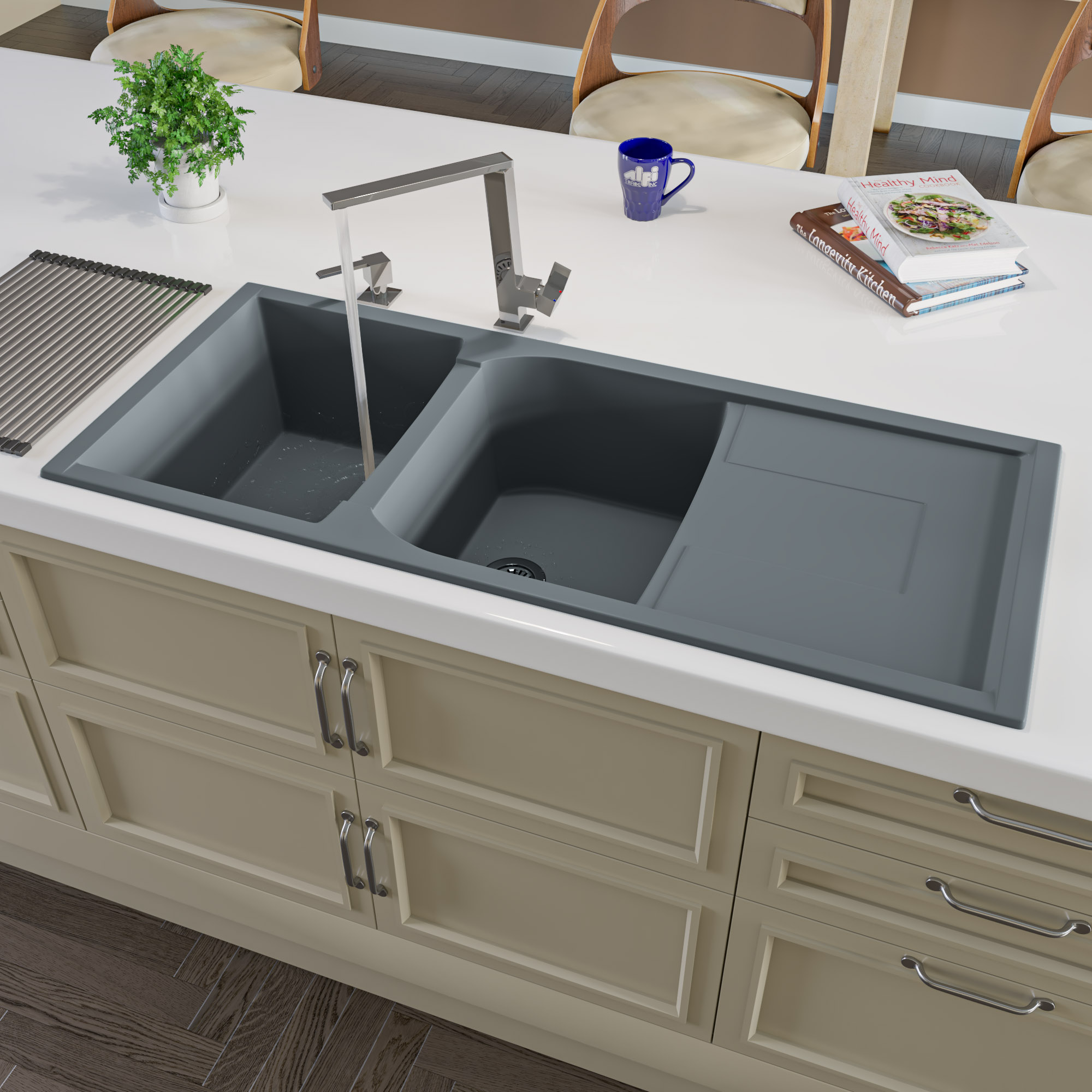 Swan Solid Surface EC Double Bowl Kitchen Sink (18" x 25") with 4 ...
