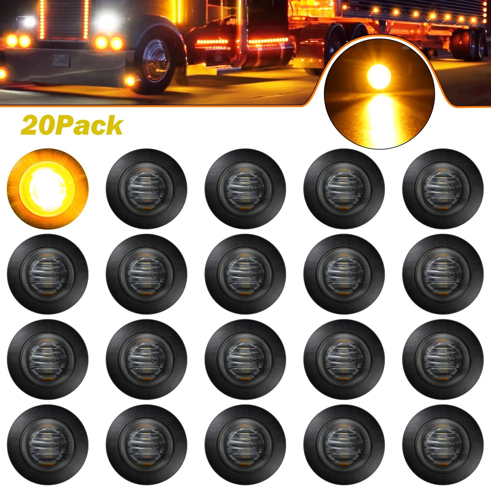 ALFU 20pcs Amber 3/4" YPF5 Round LED Trailer Side Marker Clearance ...